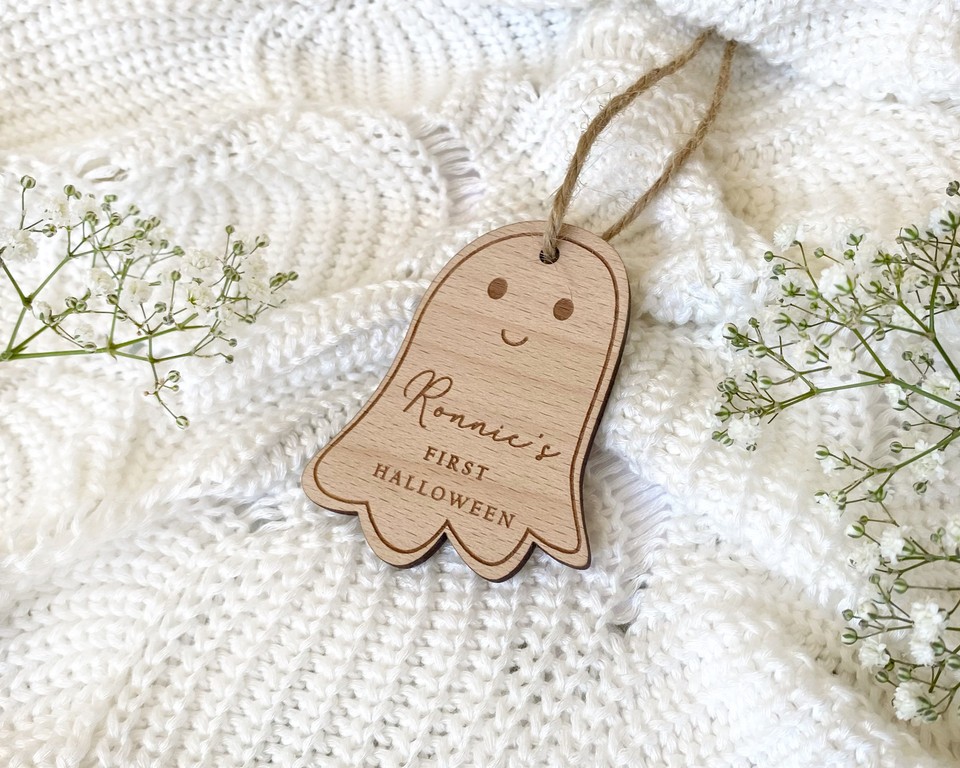 Personalised Engraved Halloween Ghost Name Tag | Baby's First Halloween ...