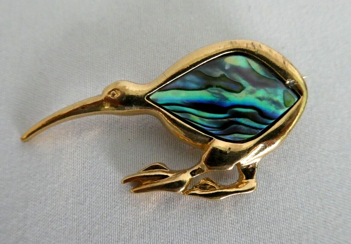 Ariki Paua Abalone Shell Kiwi BIrd Pin Brooch Gold Plated from New ...