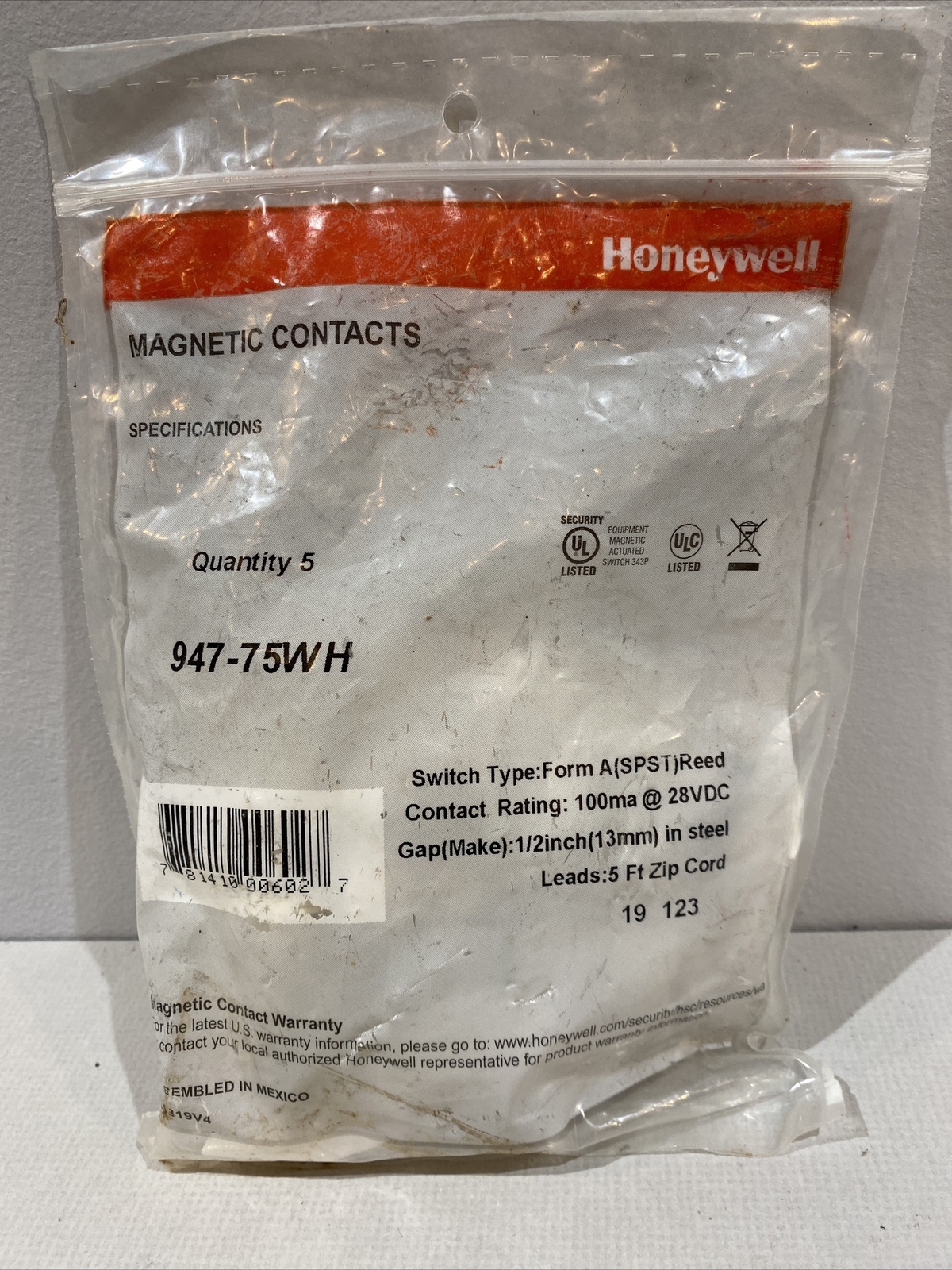 Honeywell 947-75WH 1/2" Magnetic Steel Door Recessed Contact (White ...