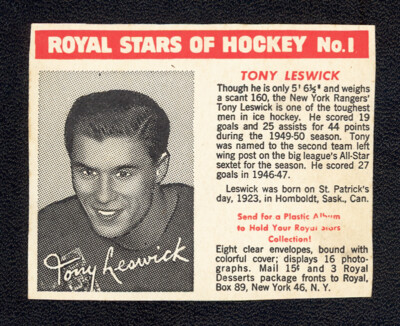 1952 ROYAL DESSERTS ~ HOCKEY CARD ~ #1 ~ TONY LESWICK ~ NEW YORK ...