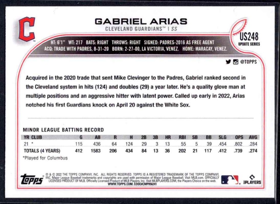 2022 Topps Update Gabriel Arias Rookie Cleveland Guardians #US248 | eBay