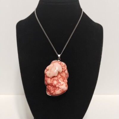 Chunky Dyed Pink Howlite Stone Pendant Silver Tone Frame Bumpy Nugget ...