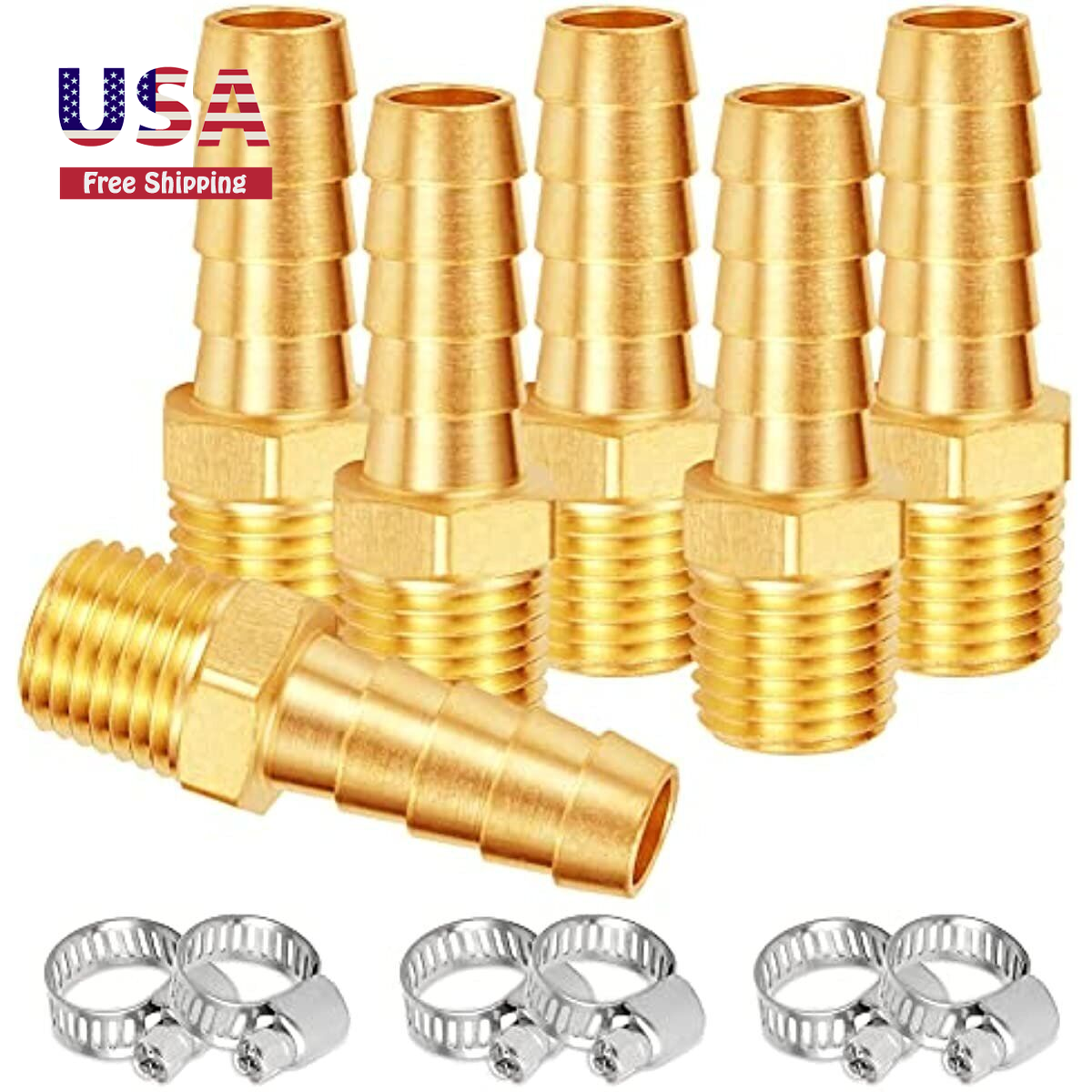6PCS Solid Brass Thread Barb Hex Fittings 1/8"NPT Male x 3/8" Barb with ...