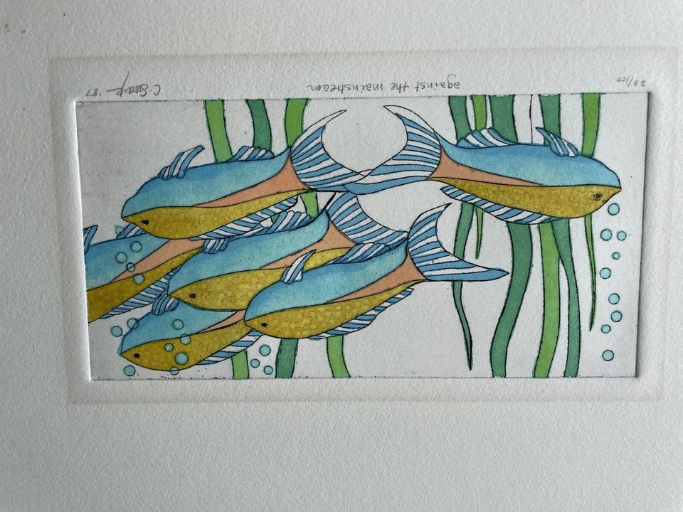 1987 Etching Signed Fish Against The Main Stream Nautical Ocean | eBay