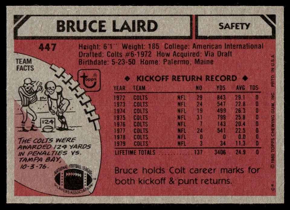 1980 Topps Bruce Laird Baltimore Colts #447 | eBay