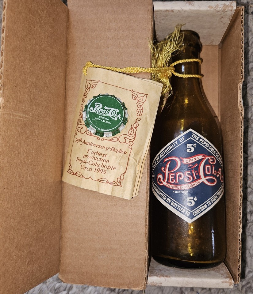 Super Rare Pepsi 75th Anniversary Amber Bottle W/box & crown 1898 Thru ...