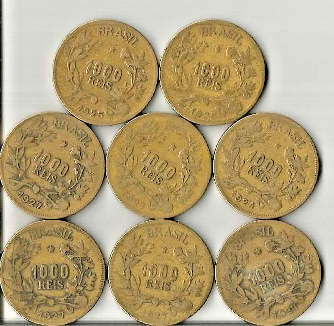 Brazil 1000 Reis Coins CIR. (5) 1927, (2) 1925, (1) 1924, Total 8 Coins ...
