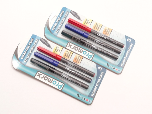 2 PACKS 6 PENS Promarx® ULTRA FINE PENS PRECISE LINES RED BLACK & BLUE ...