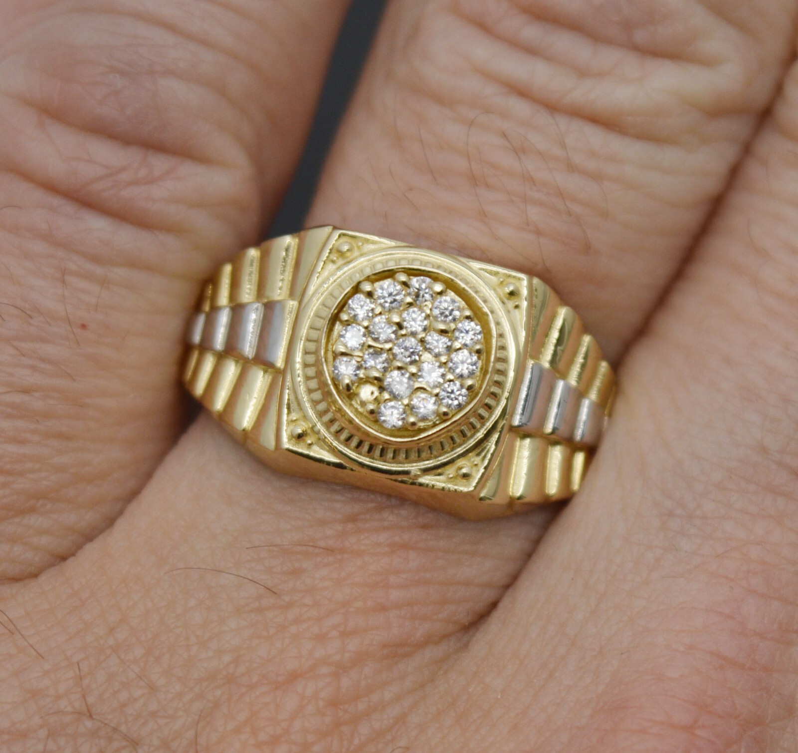 Real 10K Yellow Solid Gold Two-Tone Railroad Round Signet Ring All ...