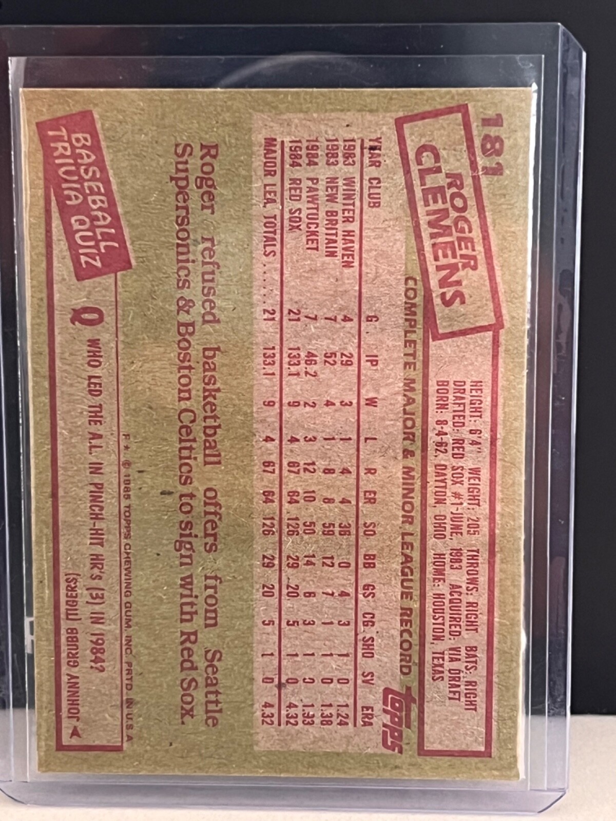 🔥1985 Topps - #181 Roger Clemens - Error Card!! (RC) | eBay