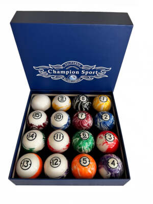 Champion Marble Pool Balls set ( Black Rimmed Marble) Complete 16 Ball ...