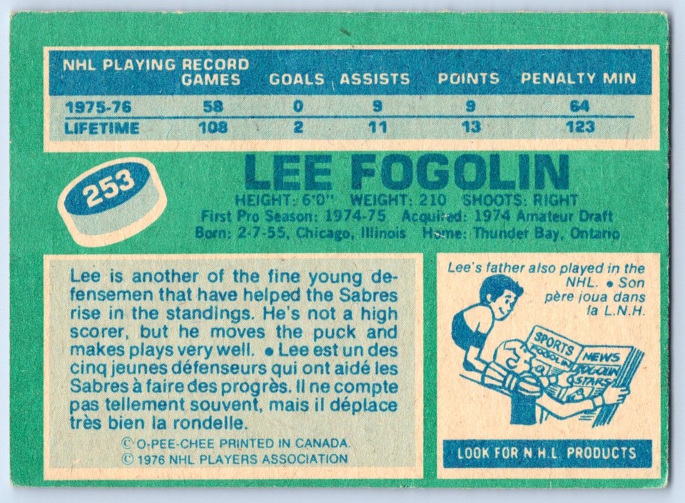 LEE FOGOLIN 1976-77 O-PEE-CHEE 76-77 NO 253 EX 53497 | eBay