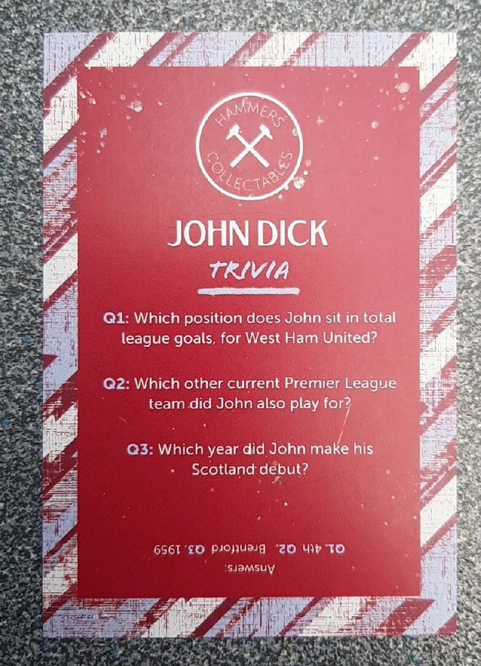 John Dick Hammers Collectables Trading Card 2022/23 West Ham United ...