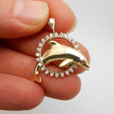 1.50CT Round Simulated Diamond Dolphin Pendant Chain 14K Yellow Gold ...