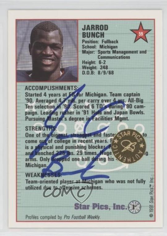1991 Star Pics Certified Auto Jarrod Bunch #59 Rookie Auto RC | eBay