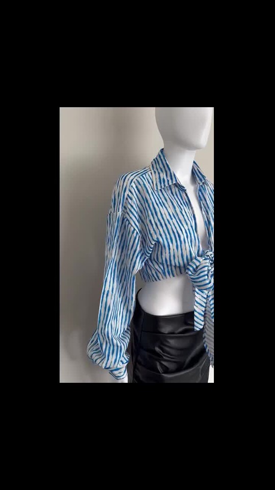 Micas Stylish Blue Striped Wrap Crop Top Long Sleeve Blouse M | eBay