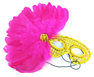 GYPSY GOLD Mardi Gras Mask Pink Feather Party Halloween Masquerade Prom ...