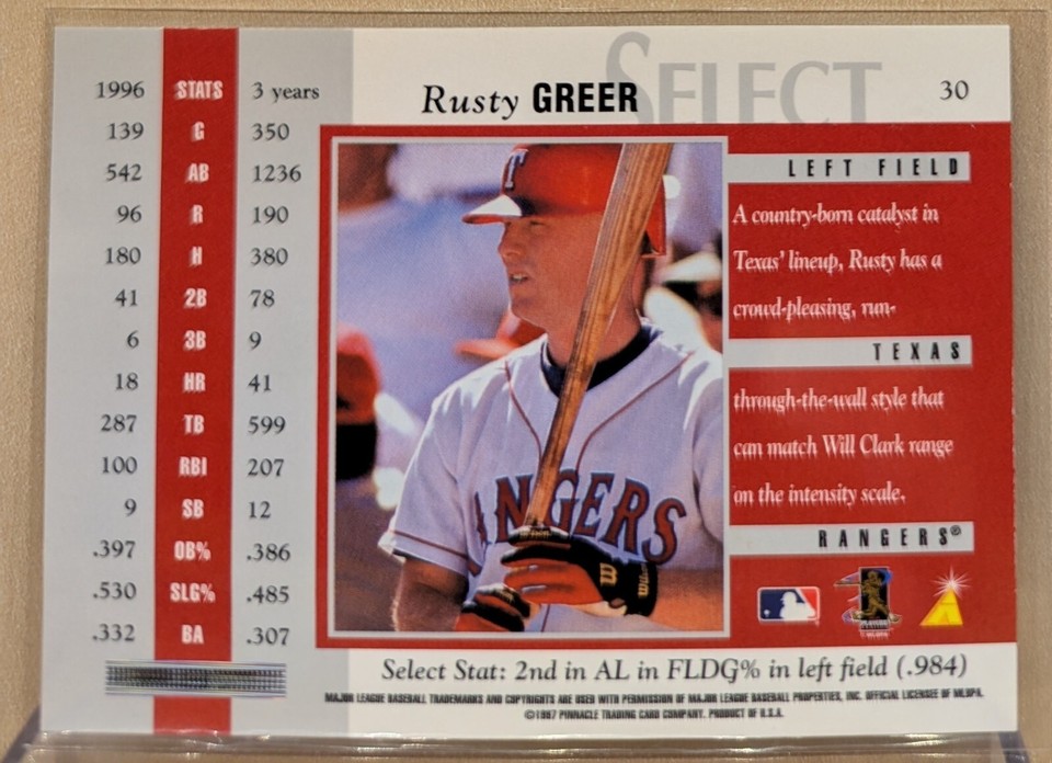 1997 SELECT COMPANY #30 Rusty Greer RARE SILVER FOIL ETCHED PARALLEL | eBay