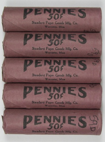 1959-D Lincoln Cents/Pennies Lot of (5) BU Penny Rolls in Old Unopened ...