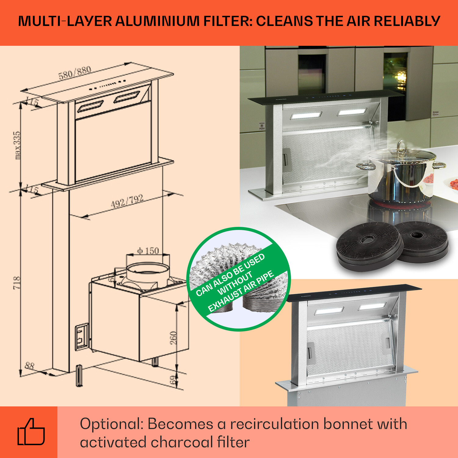 Cooker Hood Downdraft Extractor 60 cm Kitchen Island Retractable Steel ...