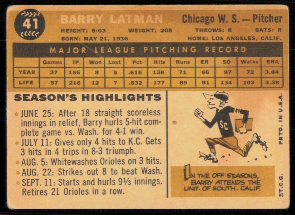 1960 TOPPS BARRY LATMAN CHICAGO WHITE SOX #41 VG+ | eBay