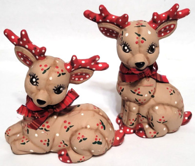 Vtg 2 Small Ceramic Quilted Reindeer, Hand Painted, Kimble ...