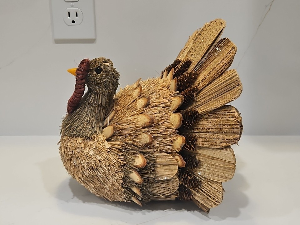 Straw Turkey Table Fall Thanksgiving Decor Centerpiece Wood, Pine Cones ...