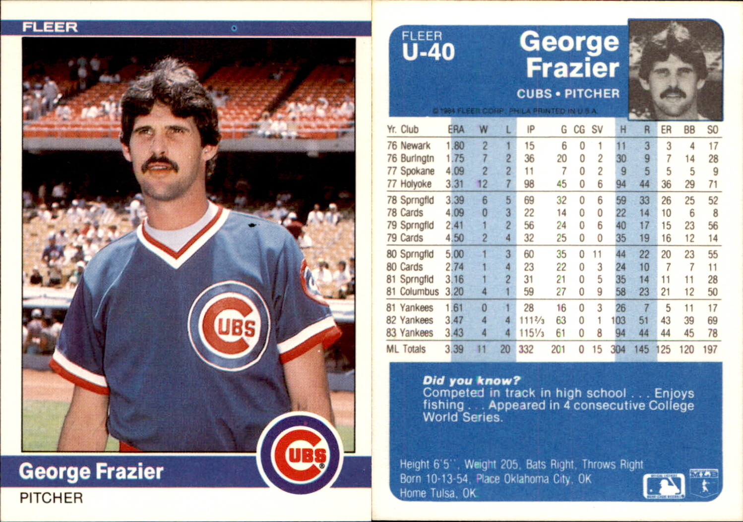 1984 Fleer Update - #U-40 George Frazier for sale online | eBay