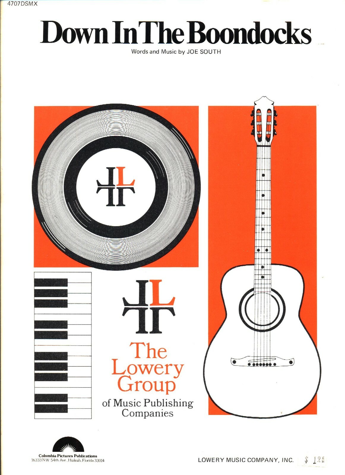 JOE SOUTH DOWN IN THE BOONDOCKS SHEET MUSIC-PIANO/VOCAL/GUITAR/CHORDS ...