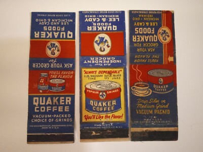 3 QUAKER COFFEE MATCHCOVER 1950 ERA TIN JAR LEE & CADY MICHIGAN - OHIO ...