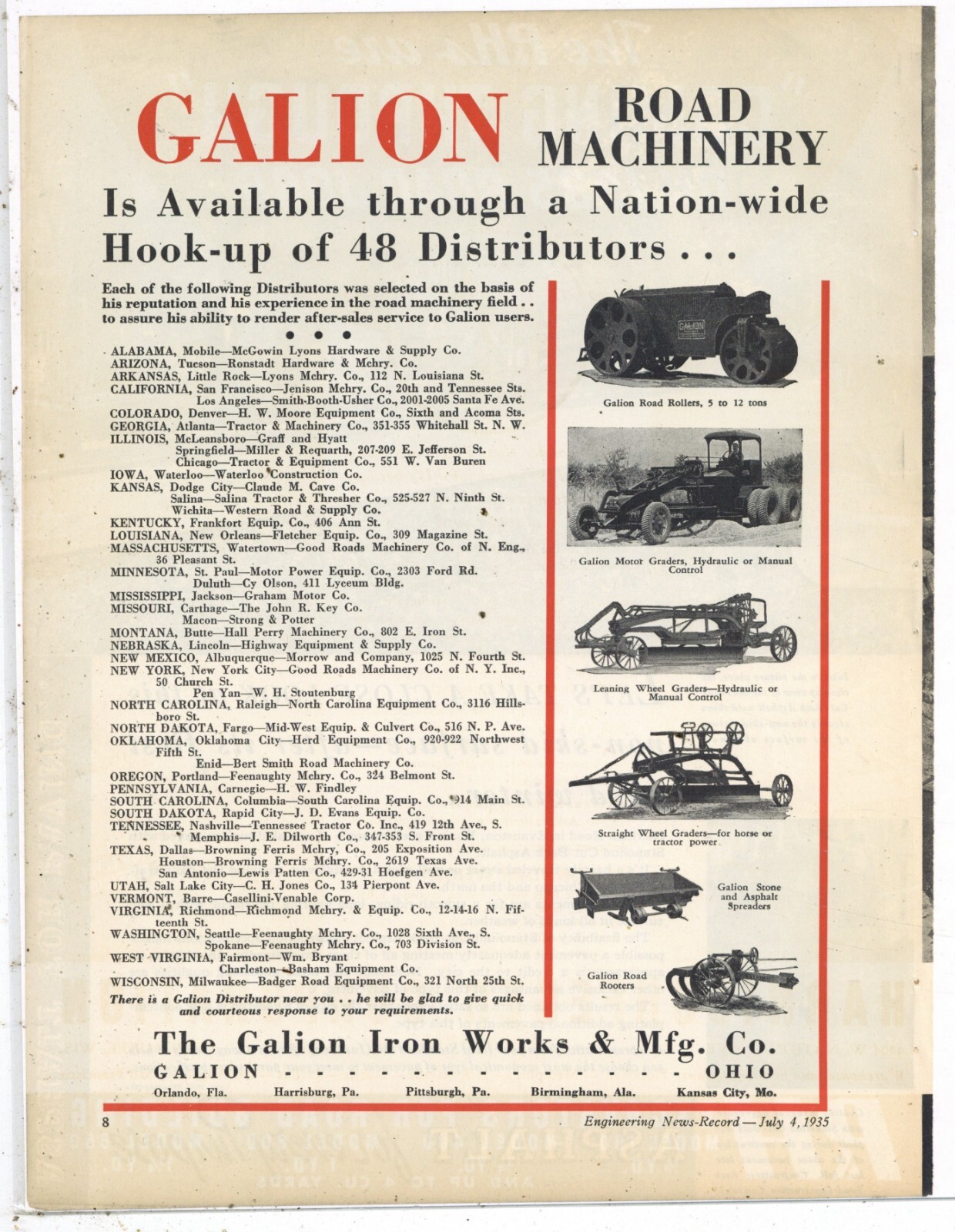 1935 Galion Iron Works Ad: Road Machinery Galion OhiO. List of 48 ...