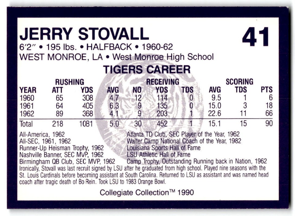 1990 Collegiate Collection LSU Tigers #41 Jerry Stovall LSU Tigers | eBay