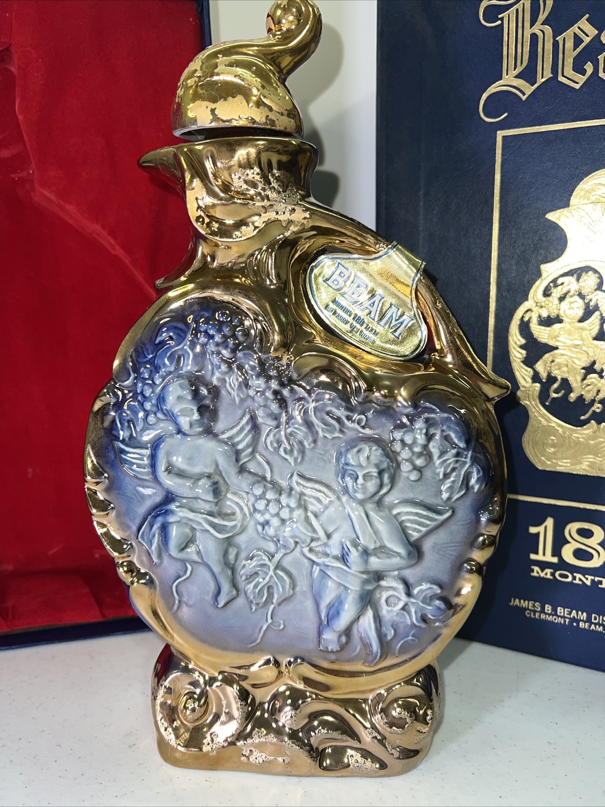 1974-Jim Beam's Blue & Gold Cherub Angels On Grape Vines Decanter-EMPTY ...