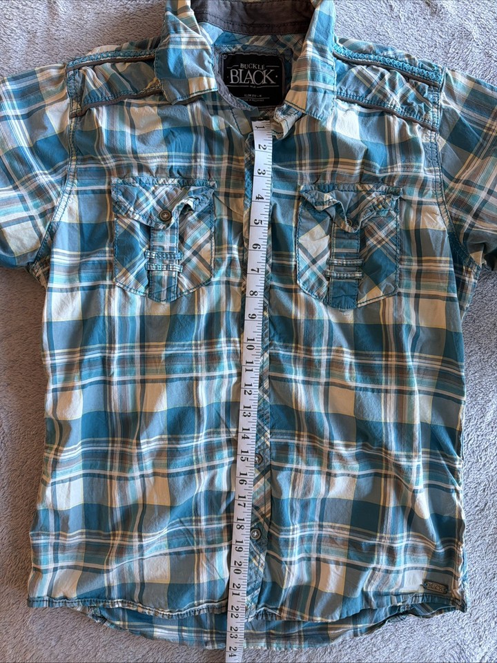 Buckle Black Blue Short Sleeve Slim Fit Button-Up T-Shirt Women's Size ...