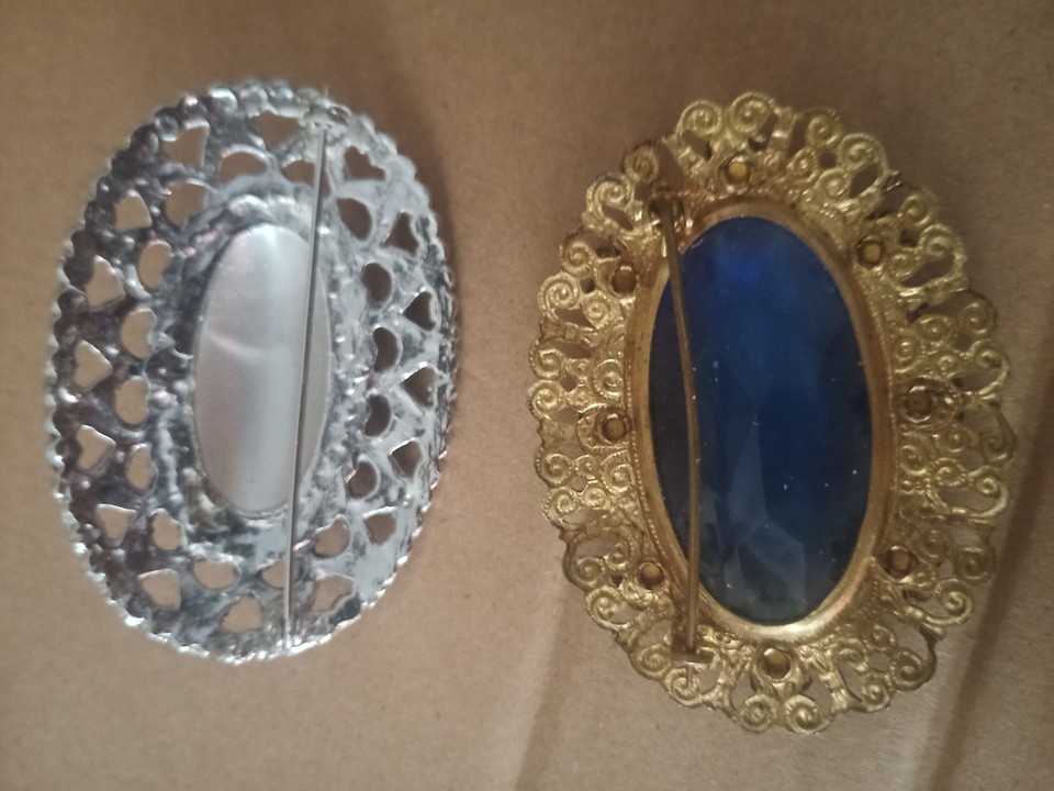 Two oval shape filigree framed broches Moonstone & Blue Glass | eBay ...