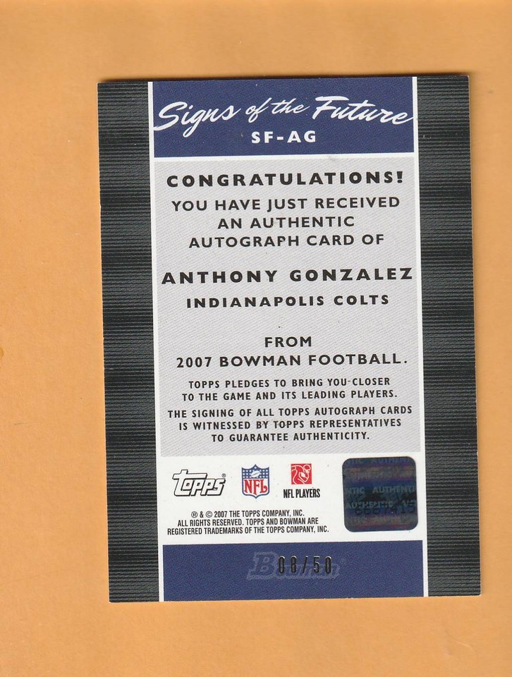 Anthony Gonzalez Indianapolis Colts AUTO 2007 Bowman /50 Ohio State ...