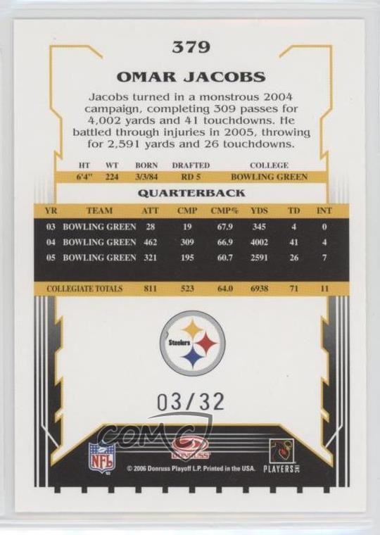 2006 Score Rookie Artist Proof /32 Omar Jacobs #379 Rookie RC | eBay