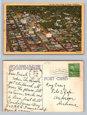Fresno, CA-California, Aerial City Skyline Scene Postal c1945 Vintage ...