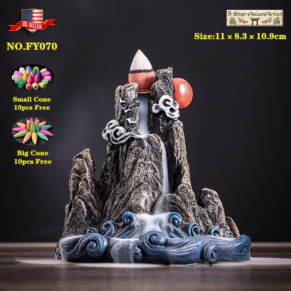 Big Backflow Incense Cones Burner Holder Village Mountain & Free Cones ...