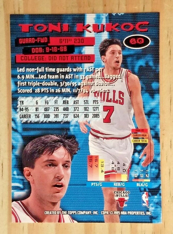 1995-96 TOPPS STADIUM CLUB TONI KUKOC CARD#60 MINT CHICAGO BULLS ...