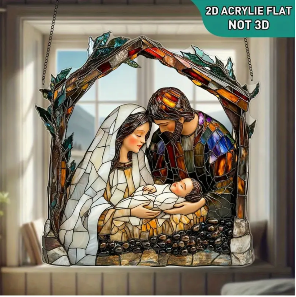 Large 2D Stained Glass Look Nativity Scene Christmas Suncatcher-8x7in ...
