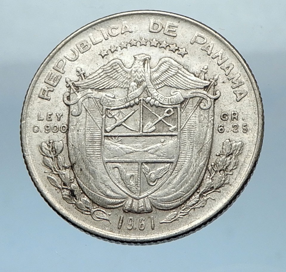 1961 PANAMA OLD Vintage Silver Spanish CONQUISTADOR Quarter BALBOA Coin ...