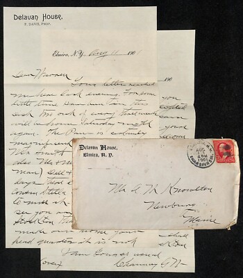 Delavan House Hotel Elmira, NY 1901 2pp ALS Letterhead + Cover Scarce ...