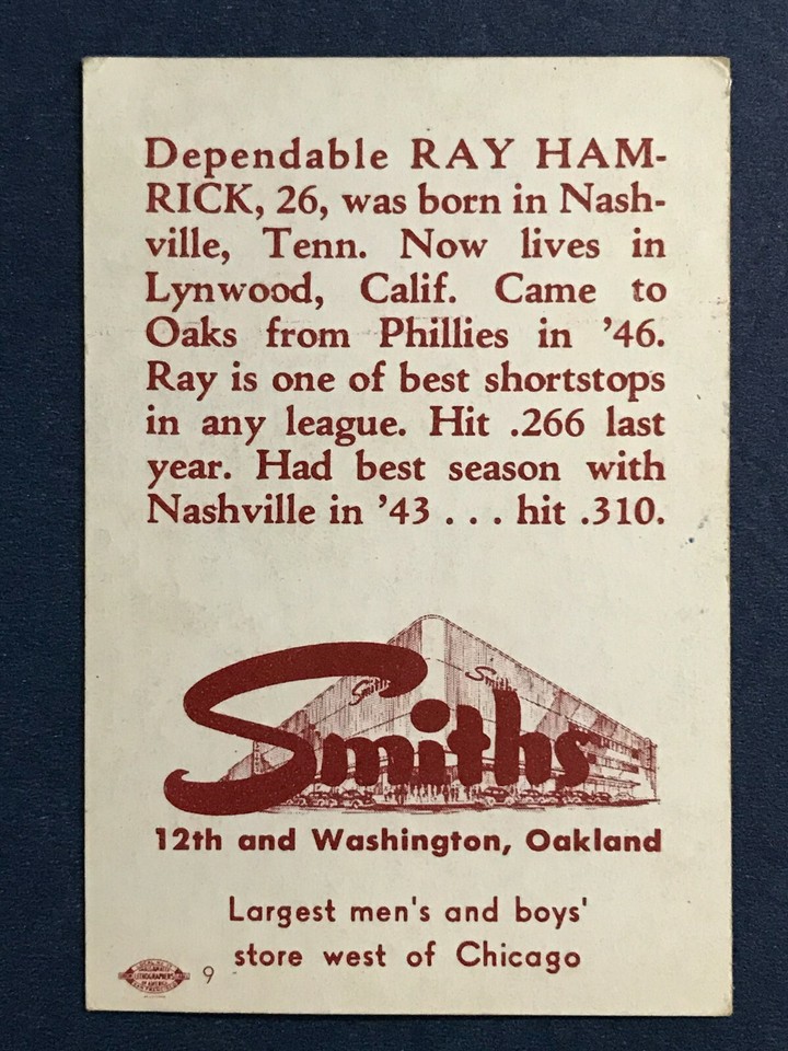 RAY HAMRICK 1948 SMITH'S CLOTHING BASEBALL 48 OAKLAND OAKS NO 7 44019 ...
