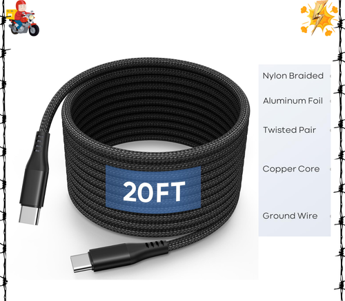 20FT USB C to C Cable 60W, Extra Long Type C Charger Fast 20FT, Black ...