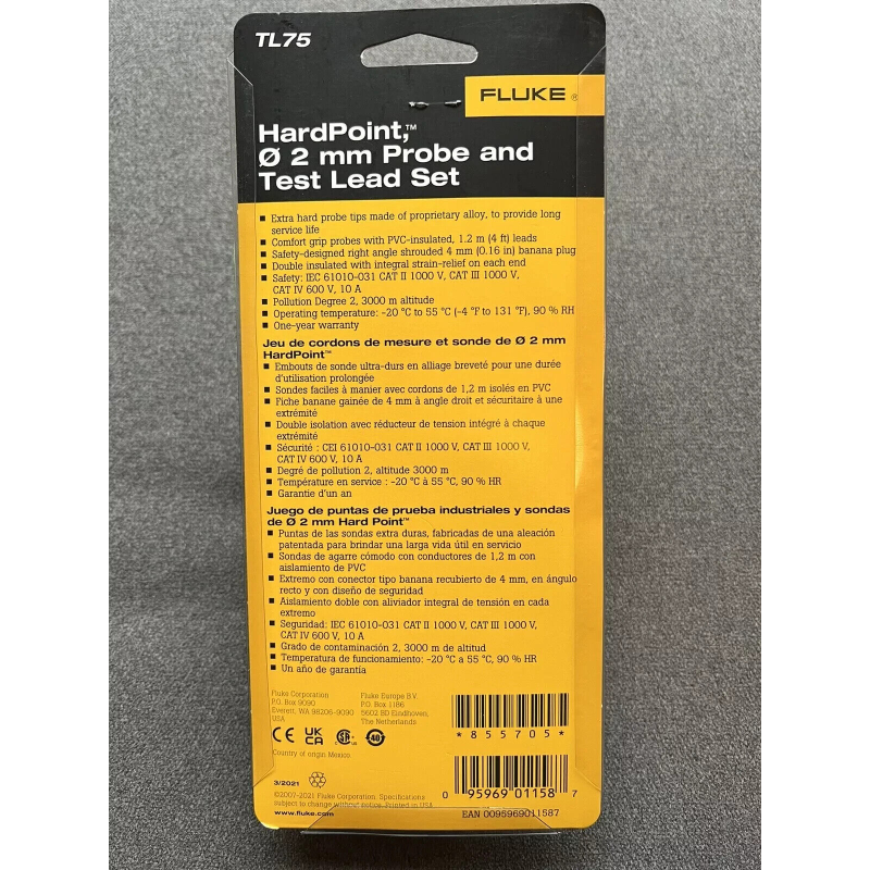 Fluke TL75 Hard Point 2mm Probe & Test Lead Set Multimeter Probe New In ...