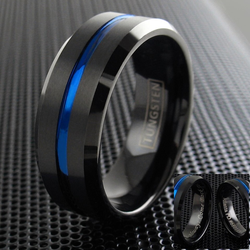 Black Tungsten Carbide Thin Blue Line Wedding Band Ring-Police Law ...