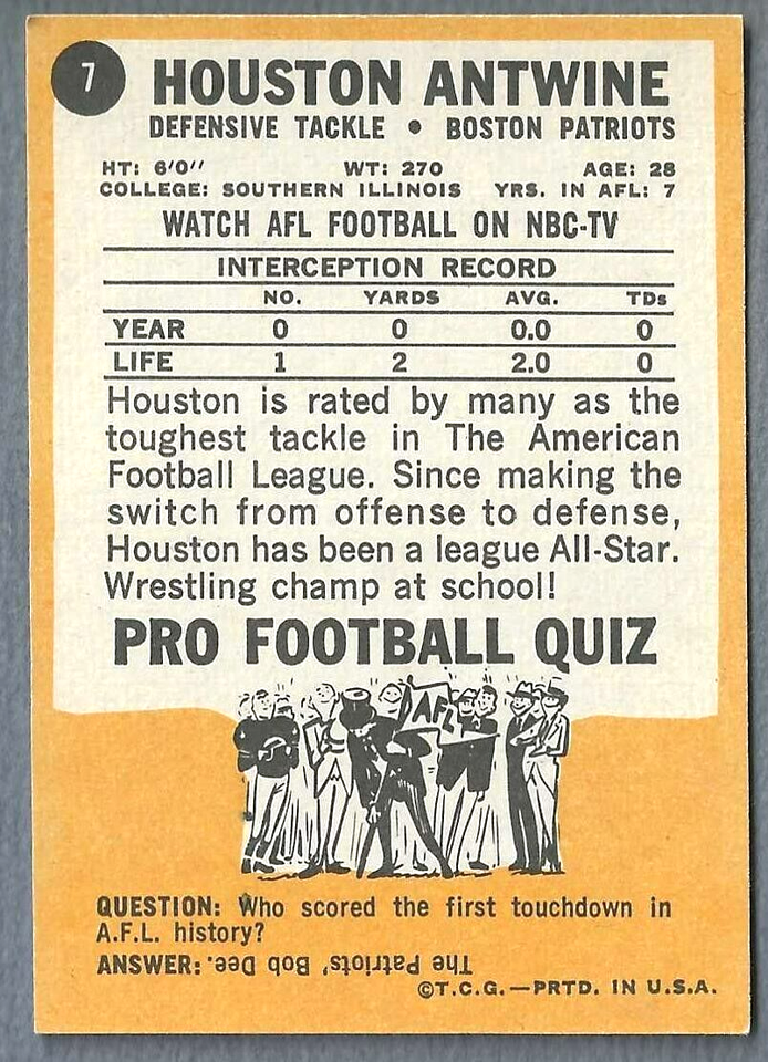 Houston Antwine Boston Patriots 1967 Topps Card #7 Card EX-MT | eBay