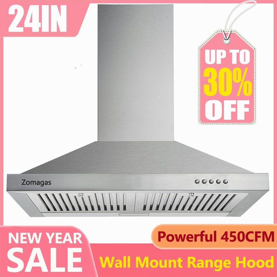 24 in Kitchen Range Hood 450 CFM Wall Mounted Cook Fan LED 3-Speed Fan ...