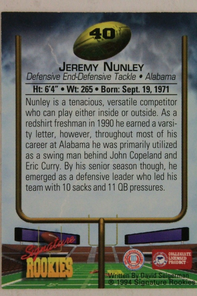 Jeremy Nunley Alabama 1994 Signature Rookies Autographed Card # 40 | eBay